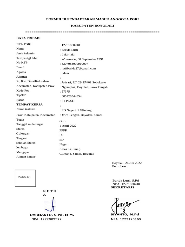 Blangko Kartu Anggota PGRI Rnna | PDF