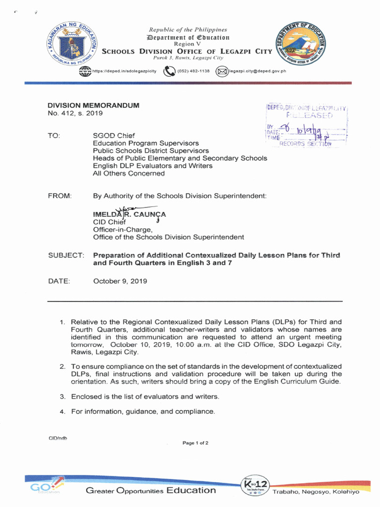 DM No. 412 S. 2019 Preparation of Additional Contextualized Daily ...