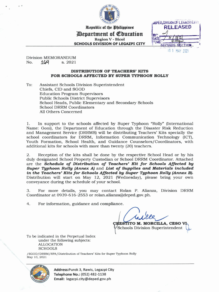 DM-No.-169-s.-2021-Distribution-of-Teachers-Kits-for-Schools-Affected-by-Super-Typhoon-Rolly | PDF