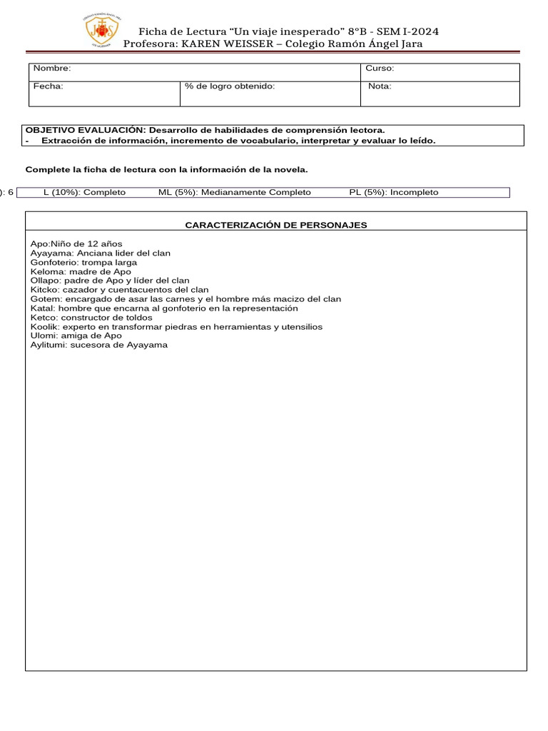 Ficha de Lectura 8°.docx Con Personajes | PDF