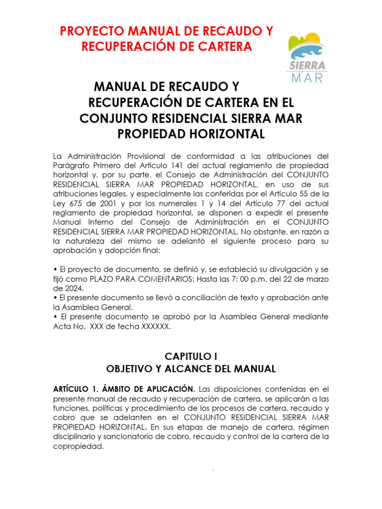 PROYECTO MANUAL DE RECAUDO Y RECUPERACION DE CARTERA para Comentarios ...