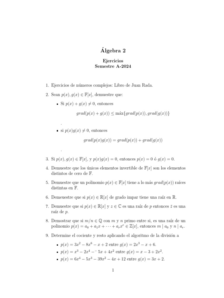 Ejercicios de Polinomios Álgebra Avanzada | PDF