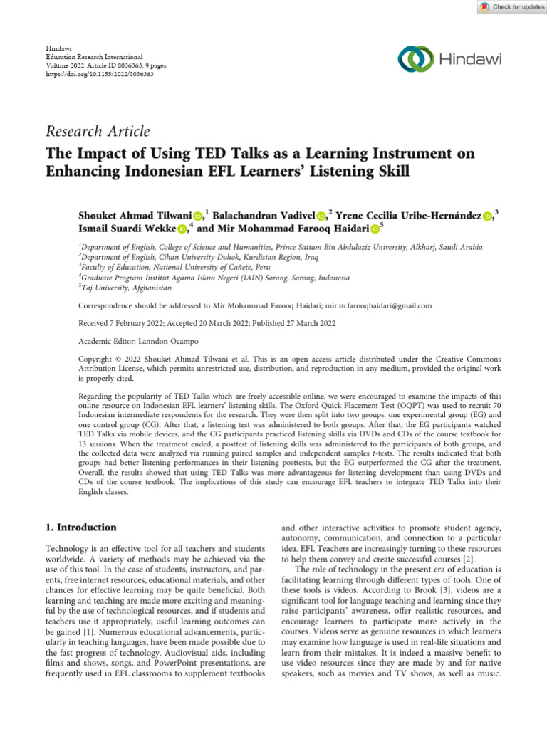 TED Talks Enhance EFL Listening Skills | PDF | English As A Second Or ...