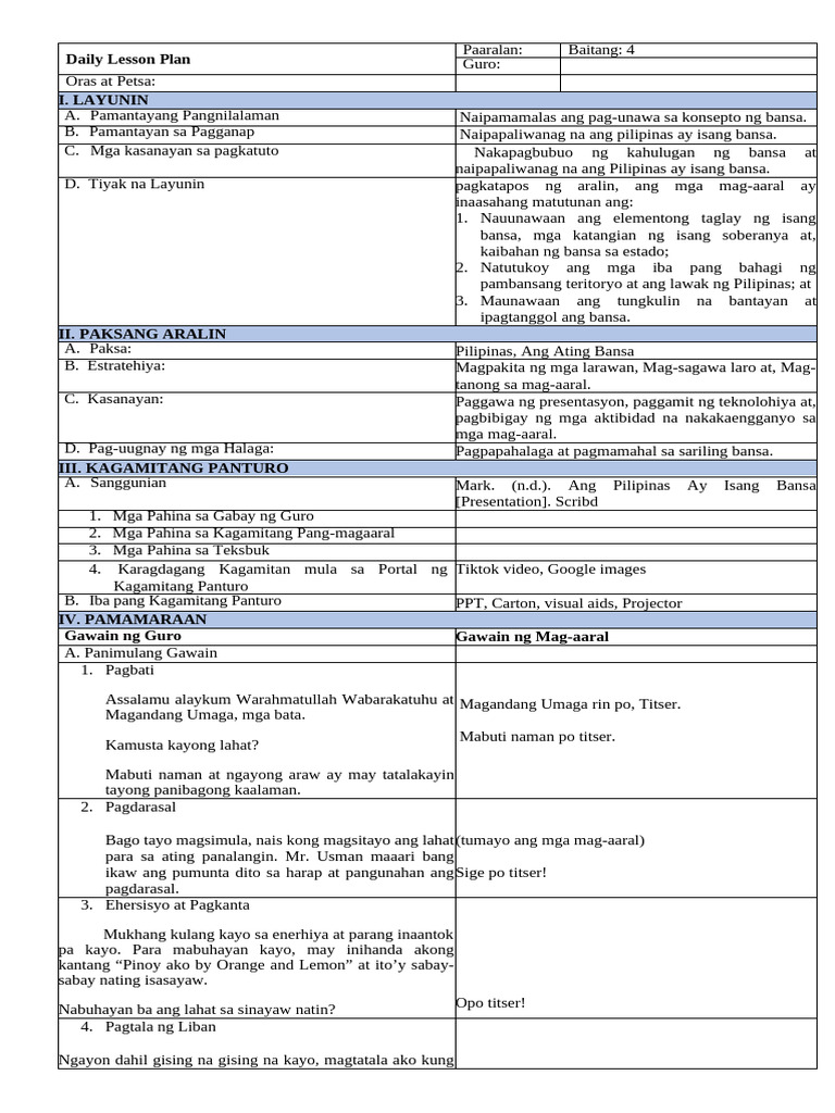 Daily Lesson Plan Grade 4 1 | PDF | Philippines | Language Arts ...