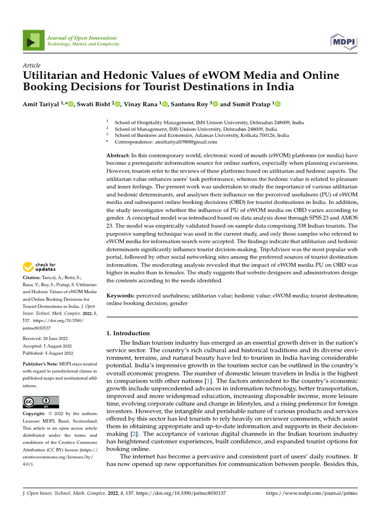 Utilitarian and Hedonic Values of eWOM Media and Online Booking ...