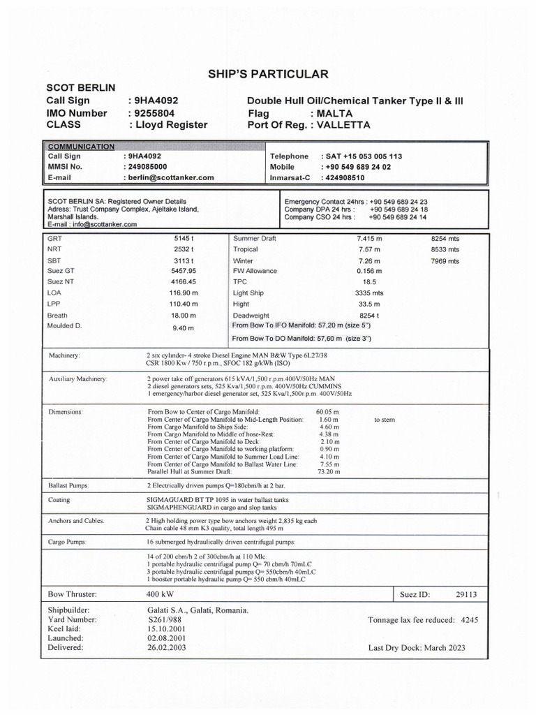 MT Scot Berlin - Ships Particulars | PDF