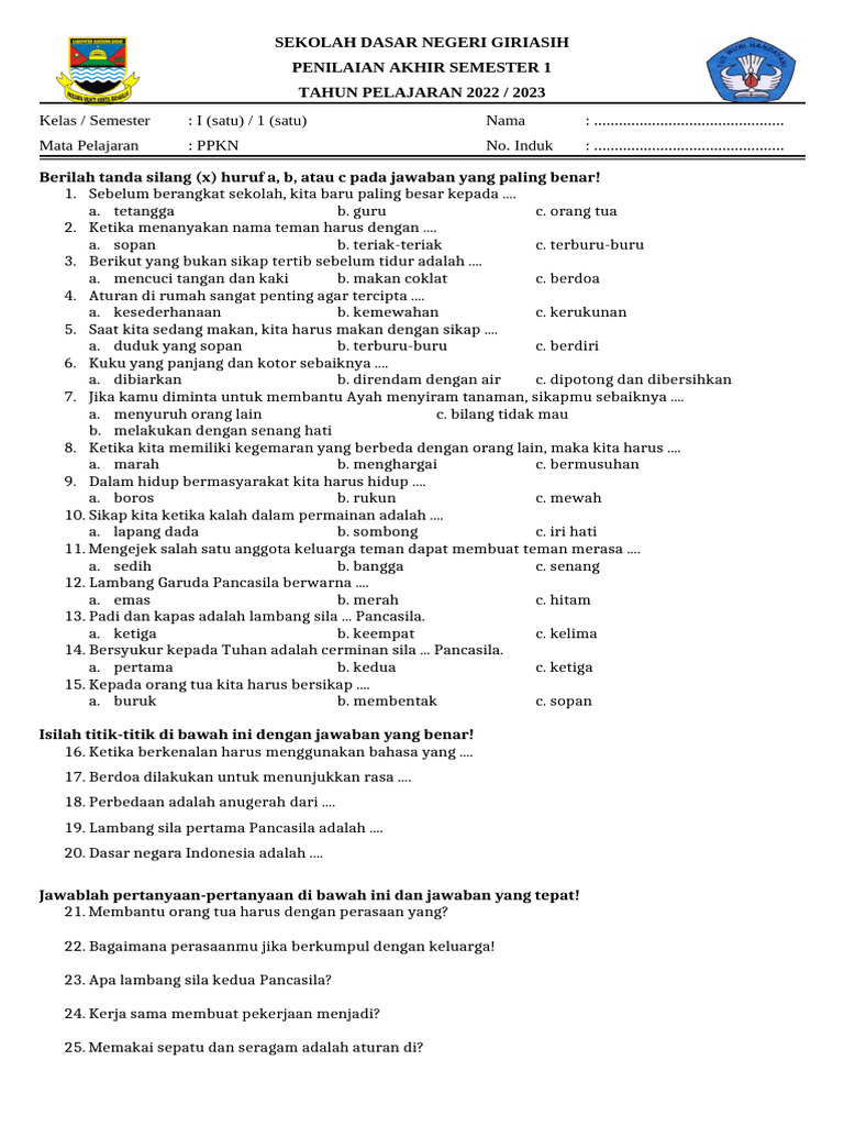 Pas Kelas I (PPKN) | PDF