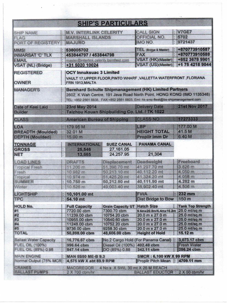 MV Interlink Celerity - Ships Particulars | PDF