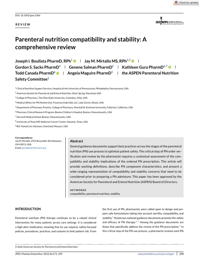 2021 Parenteral nutrition compatibility and stability A comprehensive ...