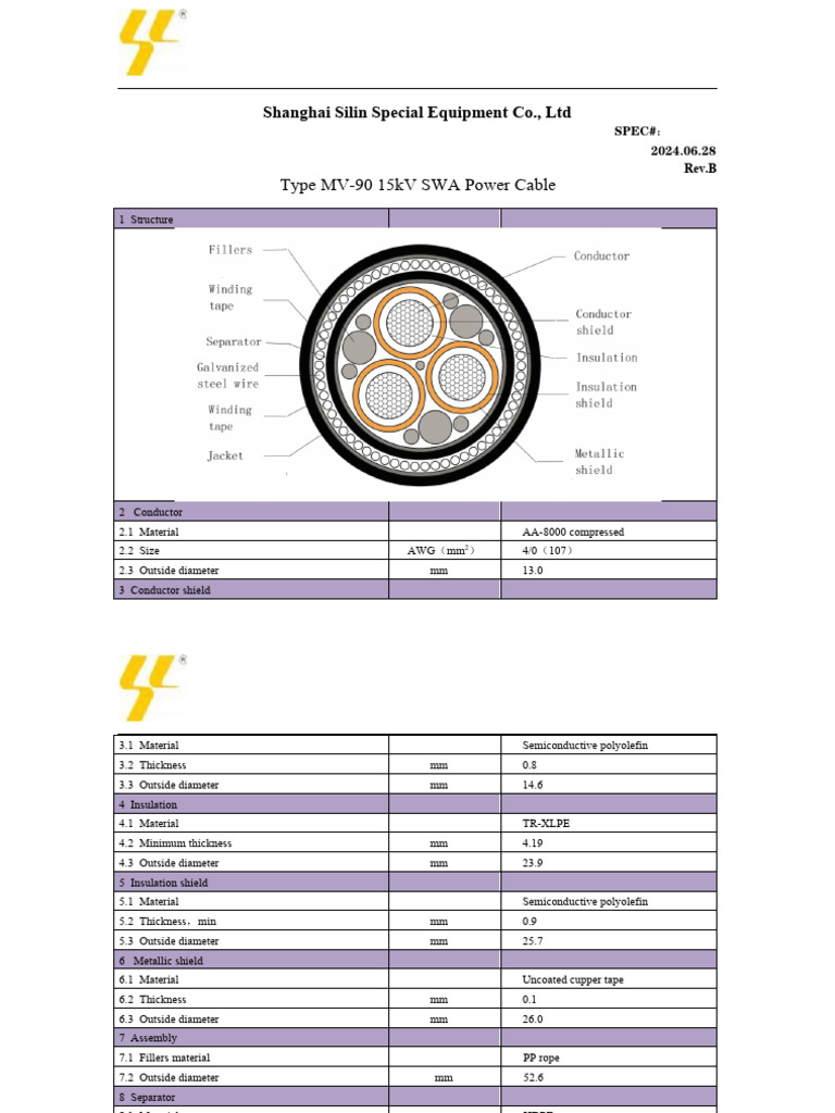 Specification of 15kV SWA Power Cable-Silin V2 2024-6-28 | PDF