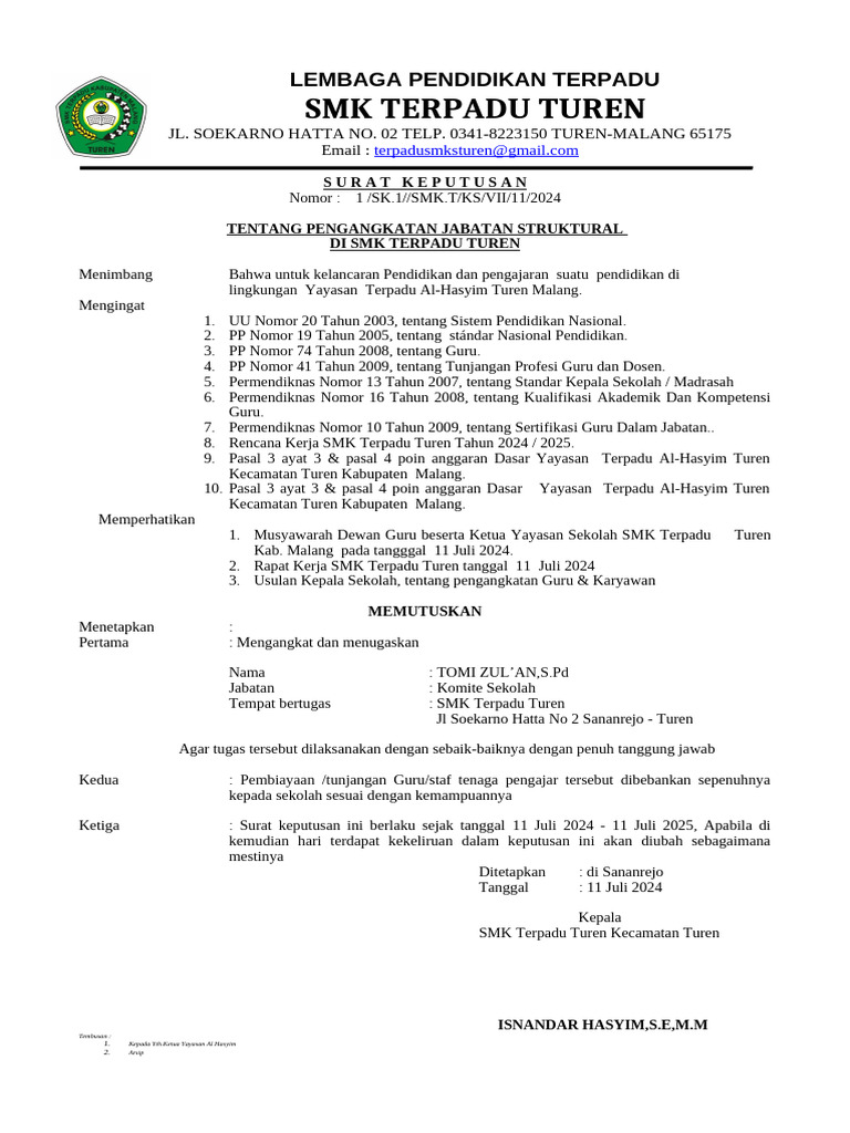 Contoh SK Komite Sekolah | PDF