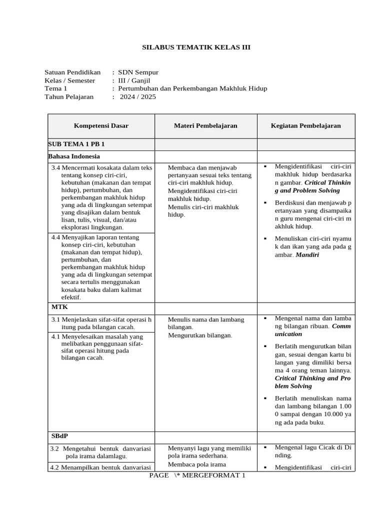 SILABUS TEMATIK KELAS III Fix | PDF
