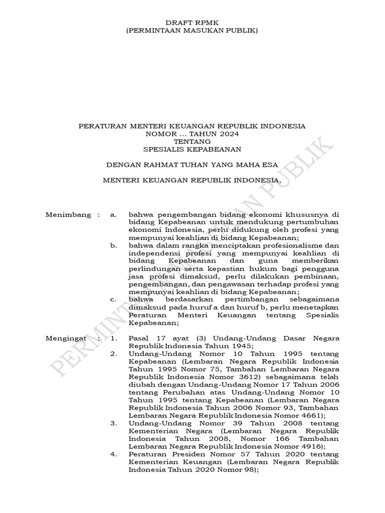 Permintaan Masukan Publik RPMK Tentang Spesialis Kepabeanan | PDF