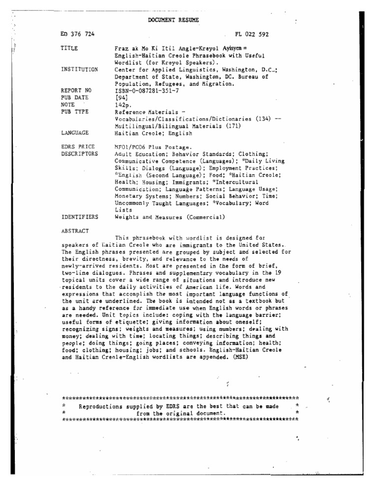 Fraz Ak Mo Ki Itil Angle-Kreyol Ayisyen English-Haitian Creole ...
