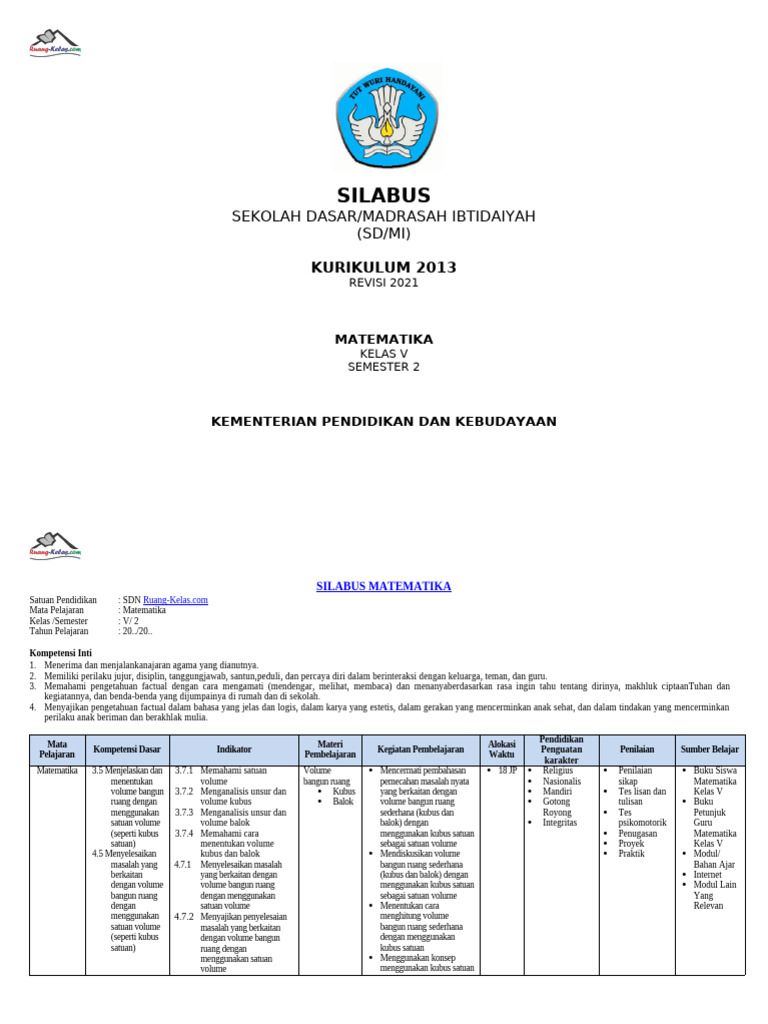 Silabus Kelas 5 Matematika Semester 2 | PDF
