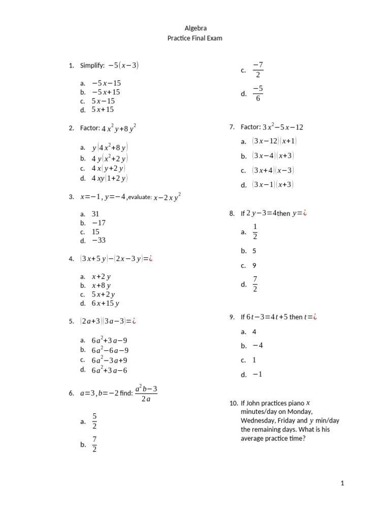 Algebra Practice Test 1 | PDF