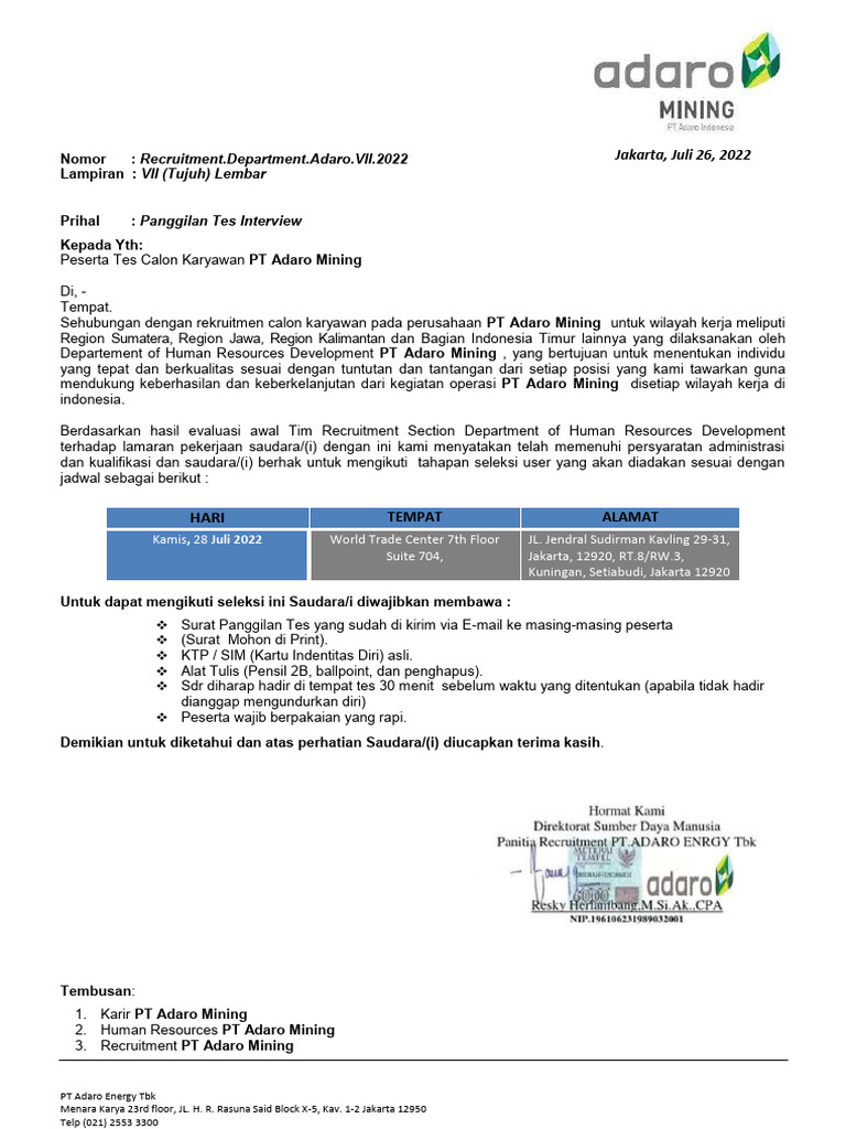 Surat Panggilan Interview PT Adaro Mining | PDF