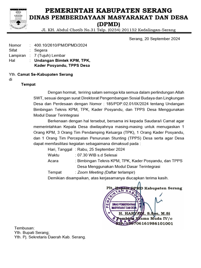 SRT Undangan Bimtek KPM, TPK, Kader Posyandu Dan TPPS Desa | PDF