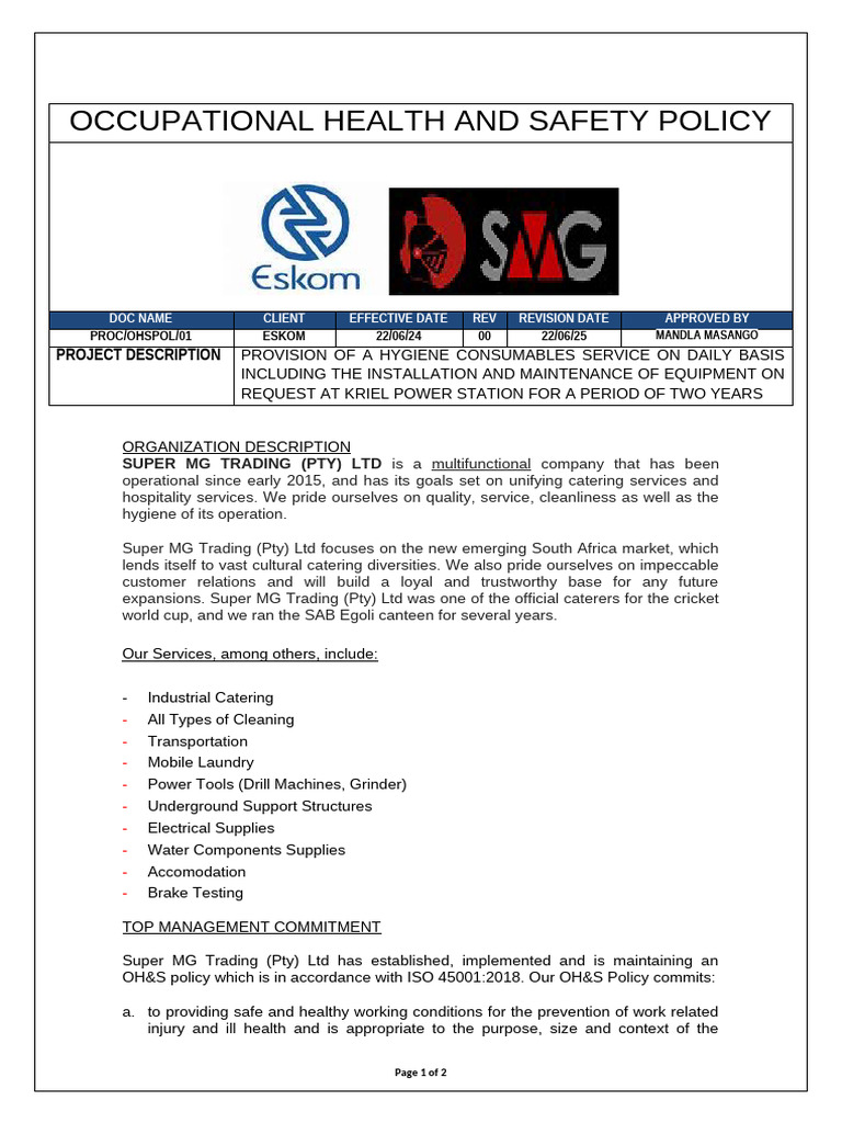 Ohs Policy Signed by Ceo | PDF