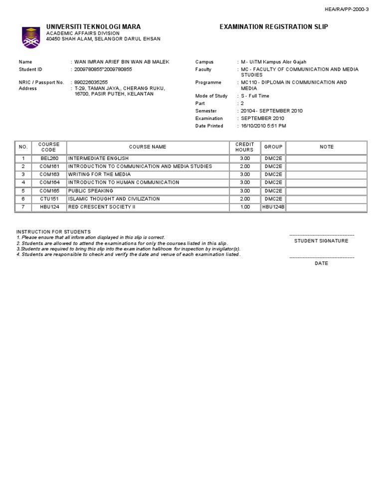 UiTM Exam Registration Slip 2010 | PDF | Technology & Engineering