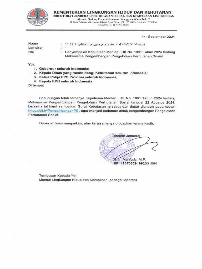S.122 Penyampaian SK Menteri LHK No, 1091 | PDF