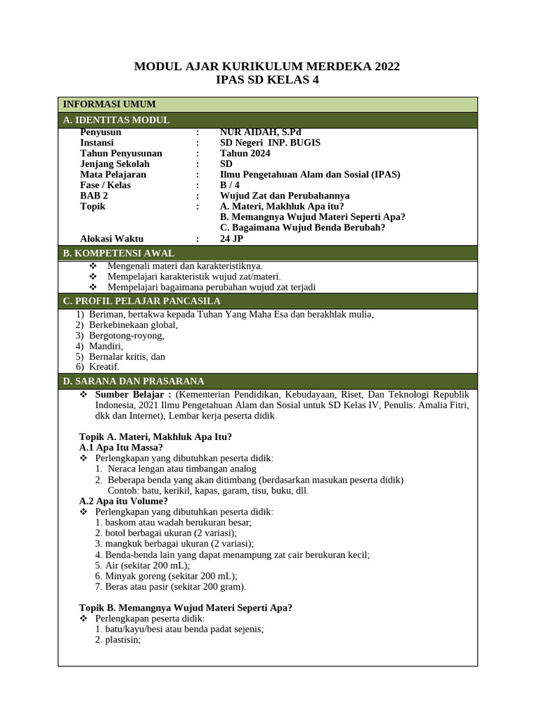 Modul Ajar Ipa Kelas 4 Perubahan Wujud Zat | PDF