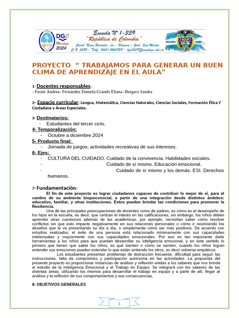 Proyecto Tercer Ciclo Actividades para Favorecer El Clima de ...