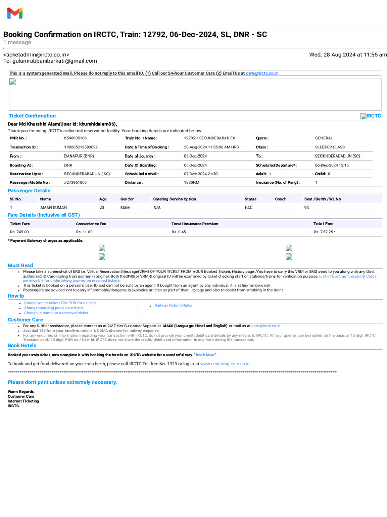 IRCTC Train Ticket Confirmation | PDF | Service Industries