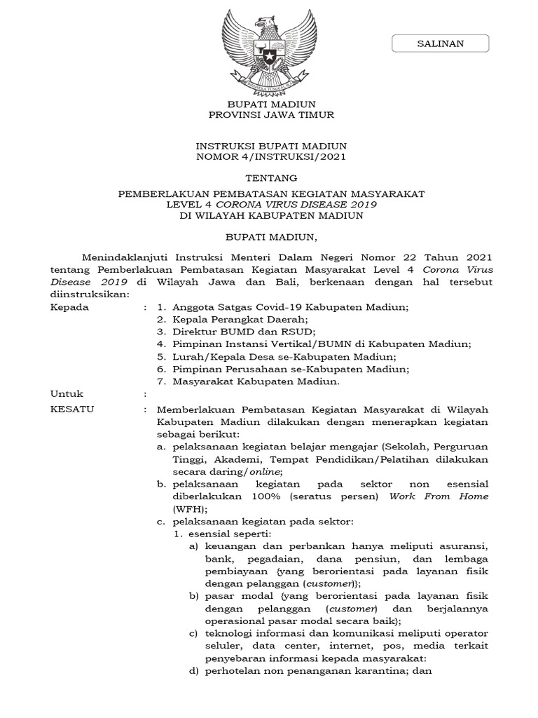 Instruksi Bupati Nomor 4 TTG PPKM Level 4 | PDF