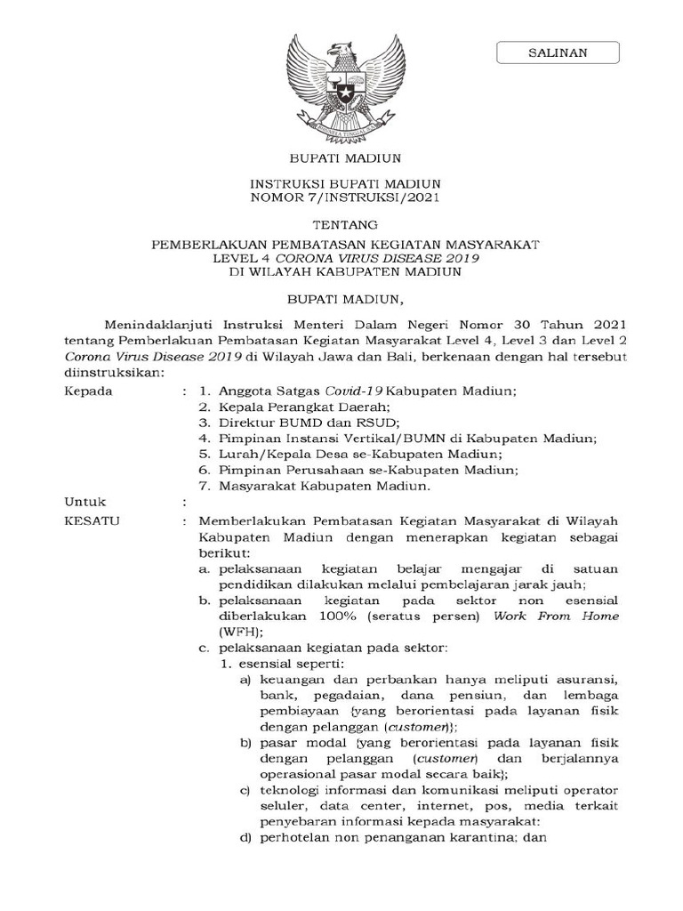Instruksi Bupati Nomor 7 TTG PPKM Level 4 | PDF