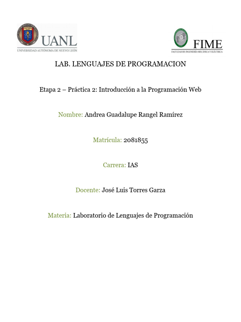 Practica 2 Lab. lenguajes de programacion | PDF