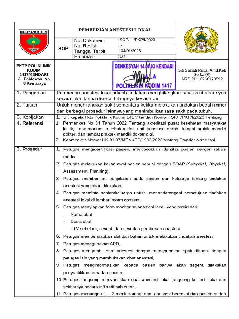 Sop Pemberian Anastesi Lokal | PDF