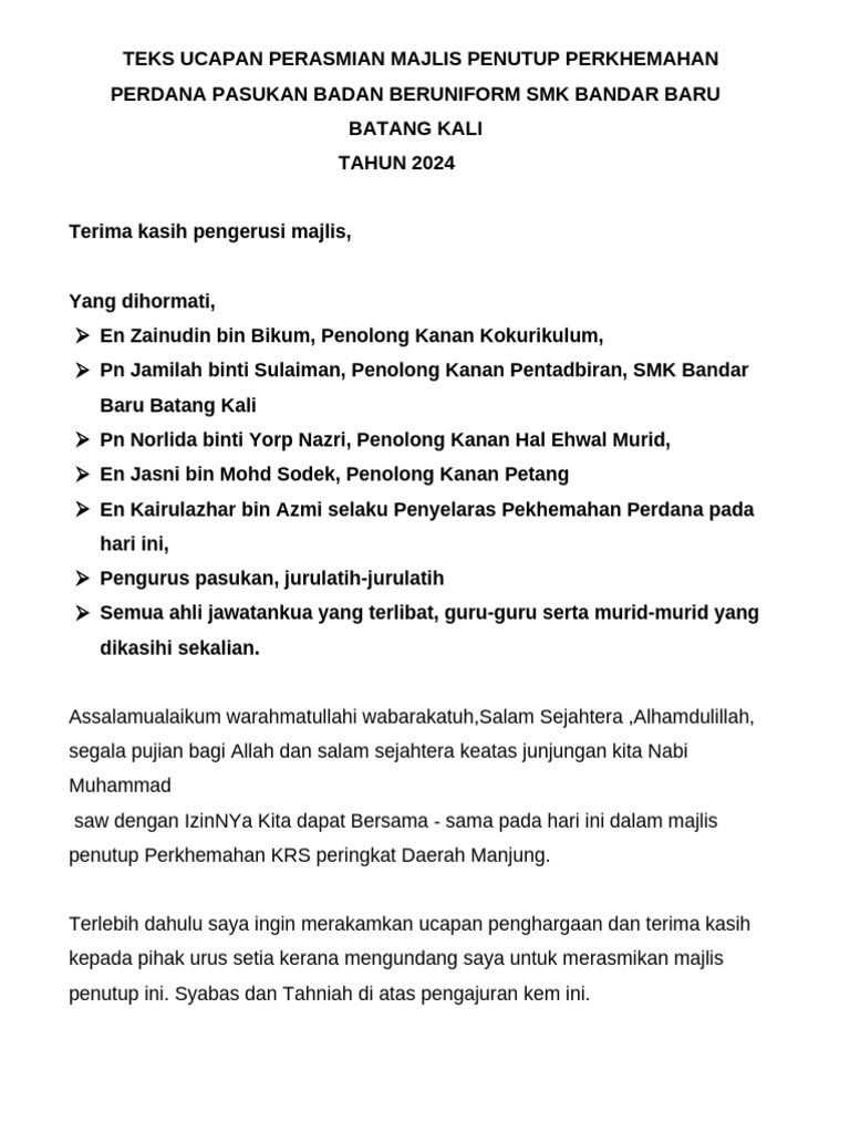 Teks Ucapan Perasmian Majlis Penutup Perkhemahan Perdana KRS | PDF