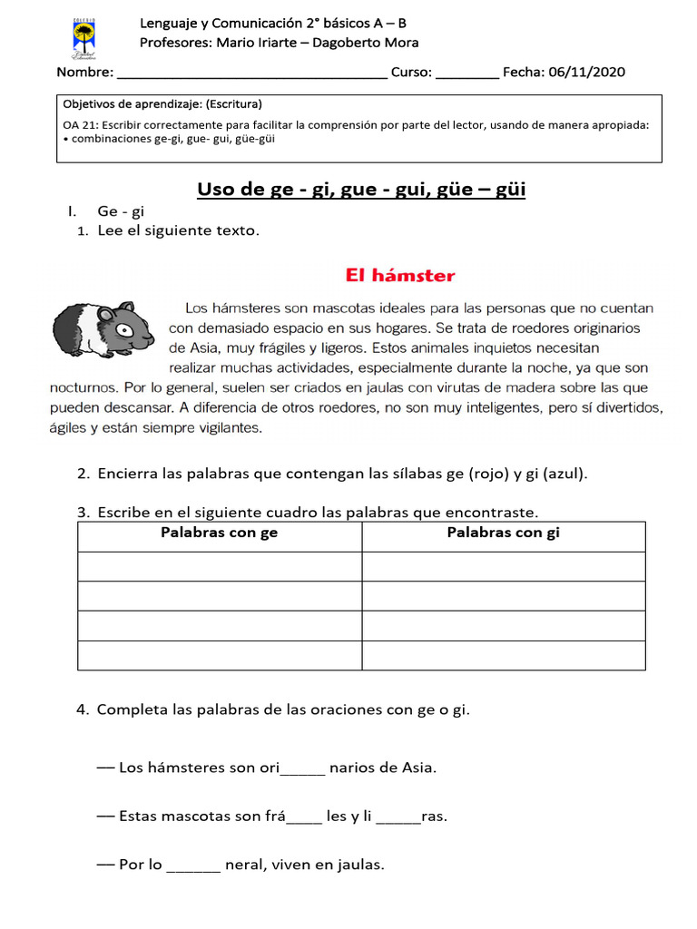 Guia Lenguaje Ge Gi Gue Gui 2dos Basicos 26 Oct | PDF