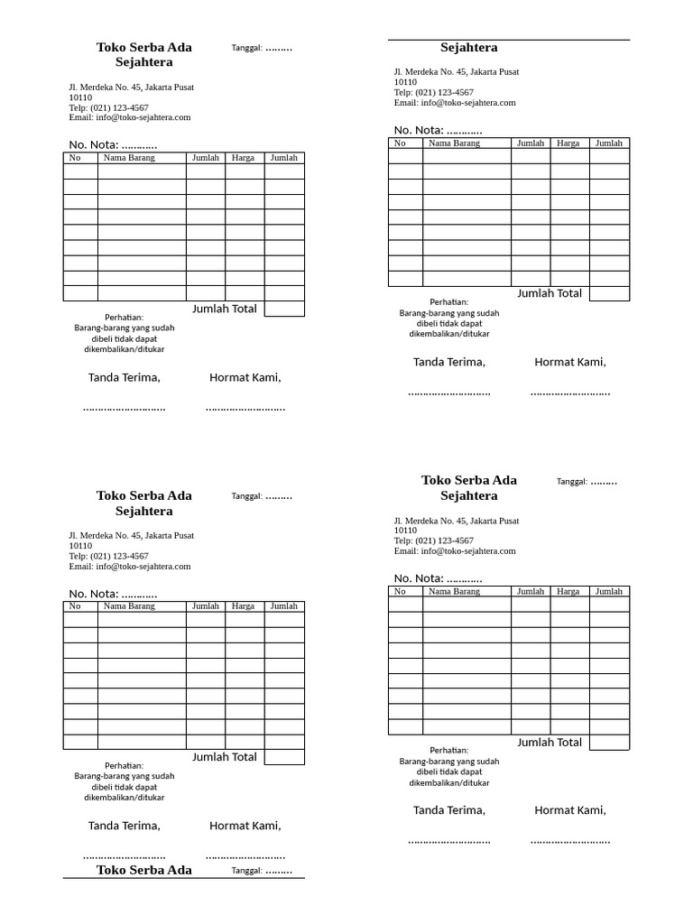 Template Nota Kosong Atau Nota Penjualan Ukuran Seperempat A4 Hvs 1 | PDF