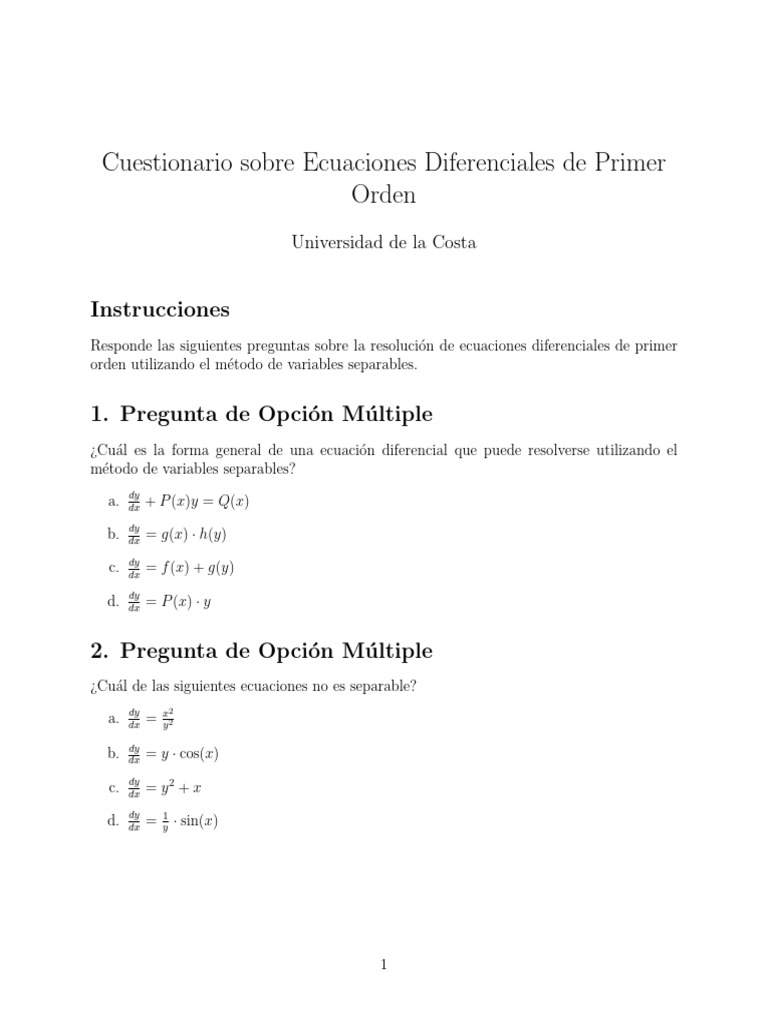 Cuestionario Edos Separables | PDF