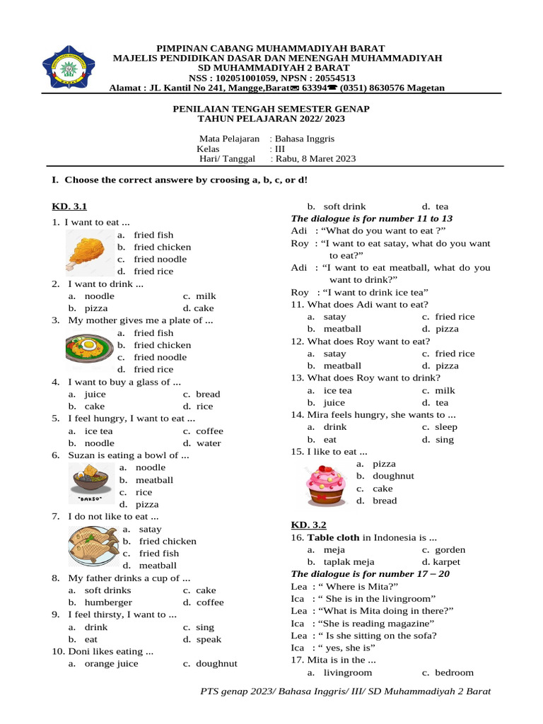 SOAL PTS B. Inggris Kls 3 2023 | PDF