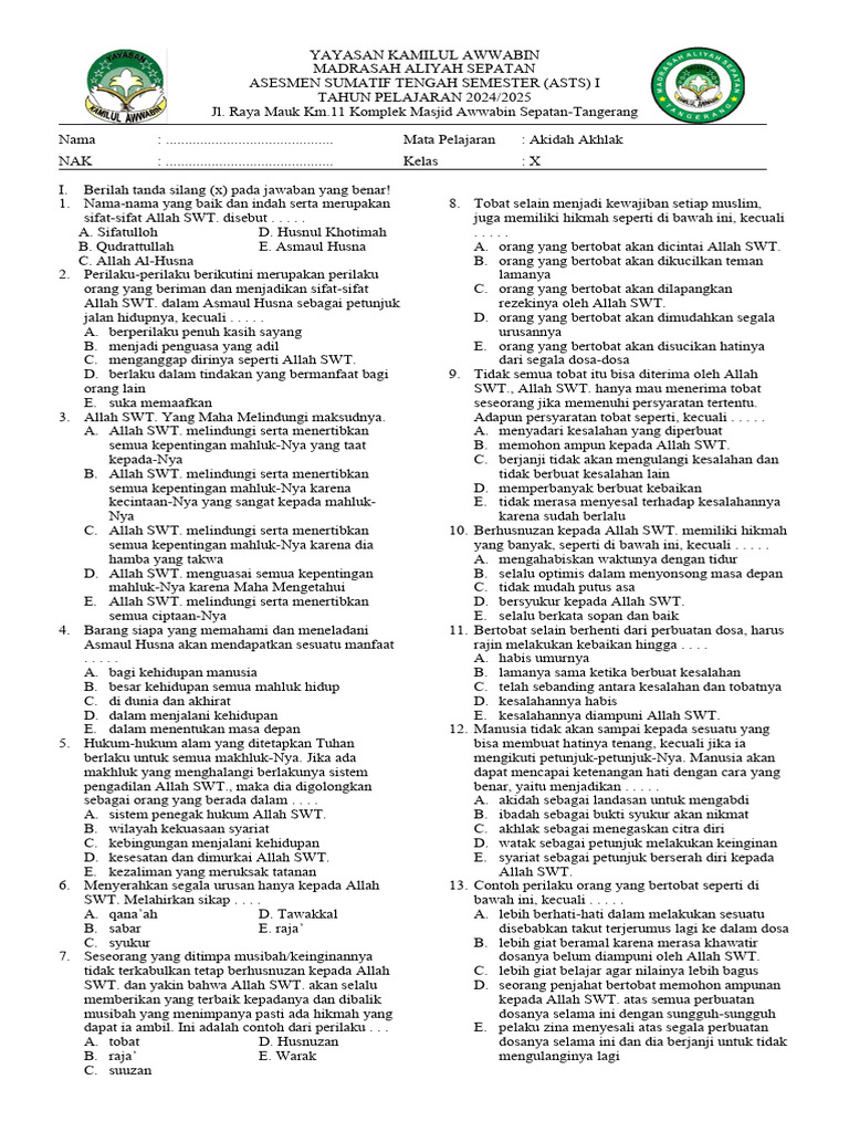 Soal Asts Akidah Kelas X | PDF