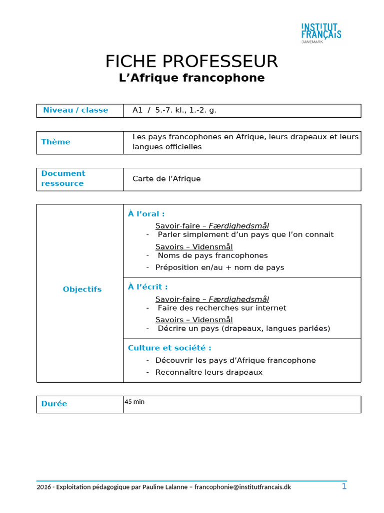 Fiche Afriquefrancophone Prof | PDF