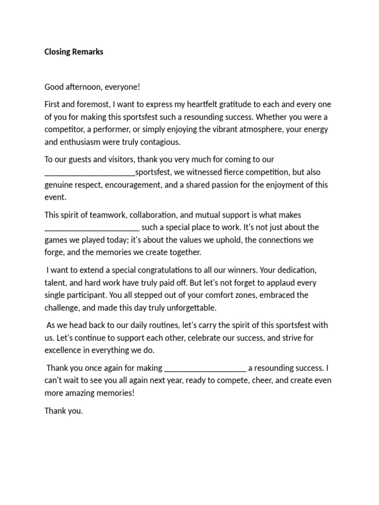 Sportsfest Closing Remarks | PDF