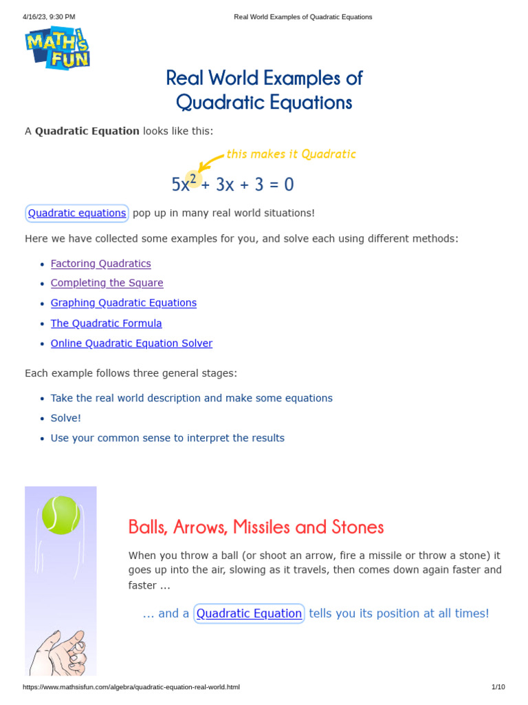 Real World Examples of Quadratic Equations | PDF