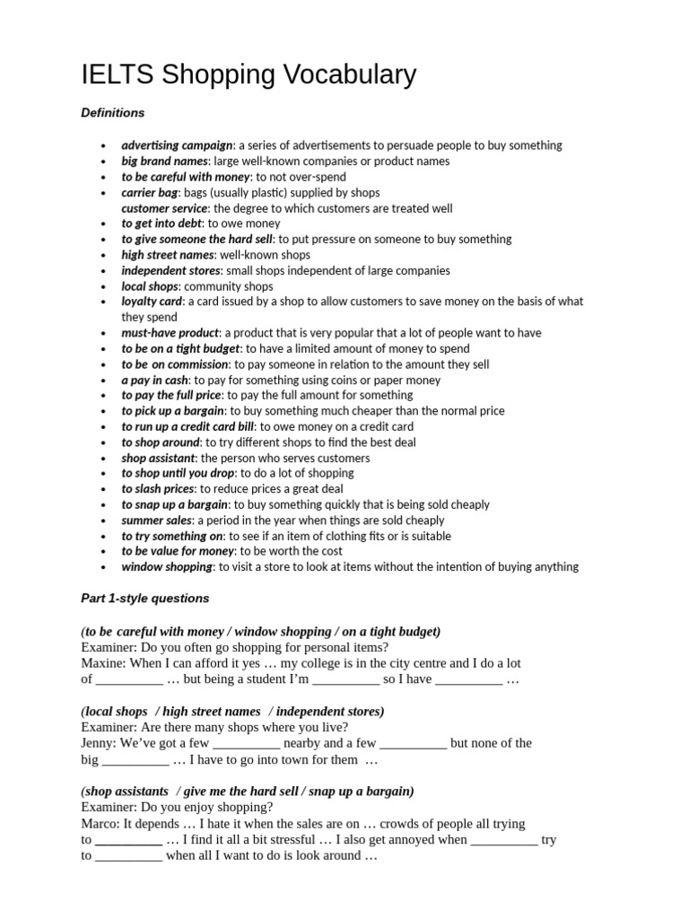IELTS Speaking Vocabulary - Shopping | PDF