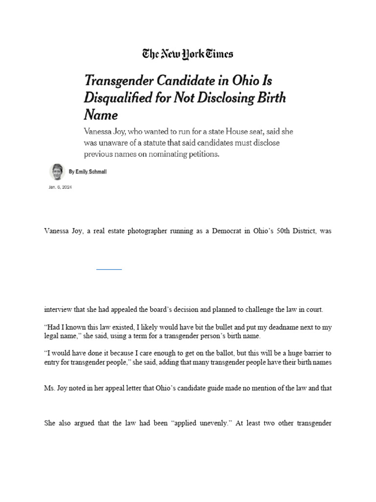 Schmall Transgender Candidate in Ohio Is Disqualified For Not Disclosing Birth Name NYT | PDF