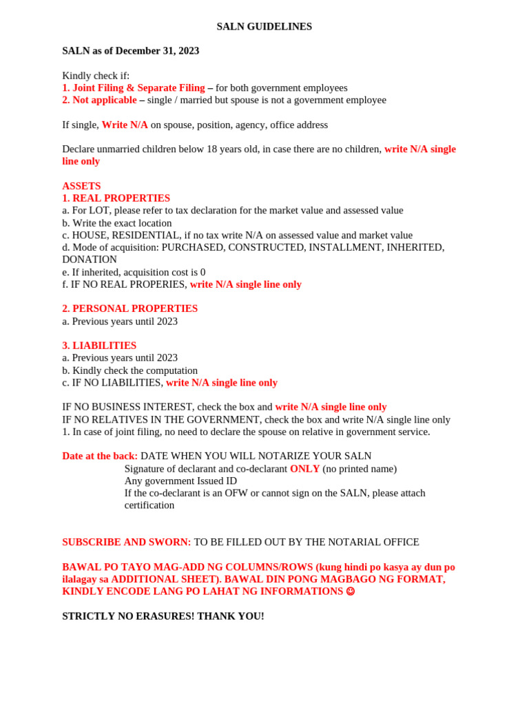 SALN Filing Guidelines 2023 | PDF | Law