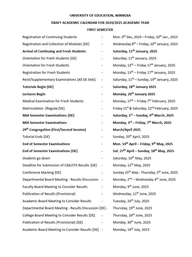 2025 Academic Calendar UEW | PDF