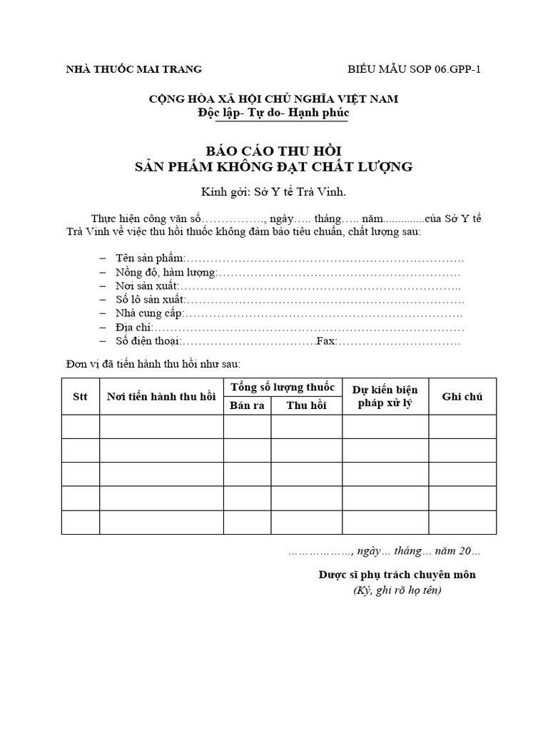 20 Bao Cao Thu Hoi SP Ko Dat Chat Luong | PDF