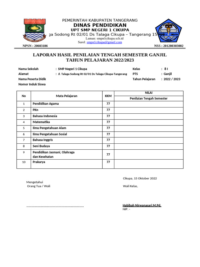 Rapot Uts KLS 8 | PDF
