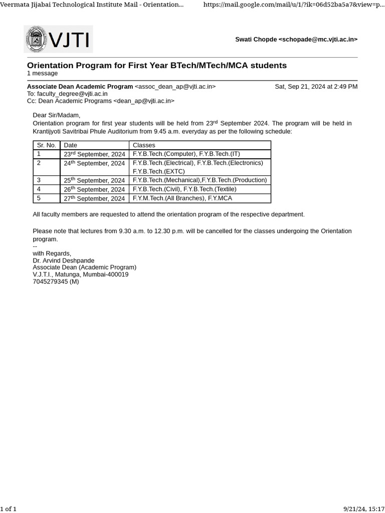 Veermata Jijabai Technological Institute Mail - Orientation Program For First Year BTech - MTech ...