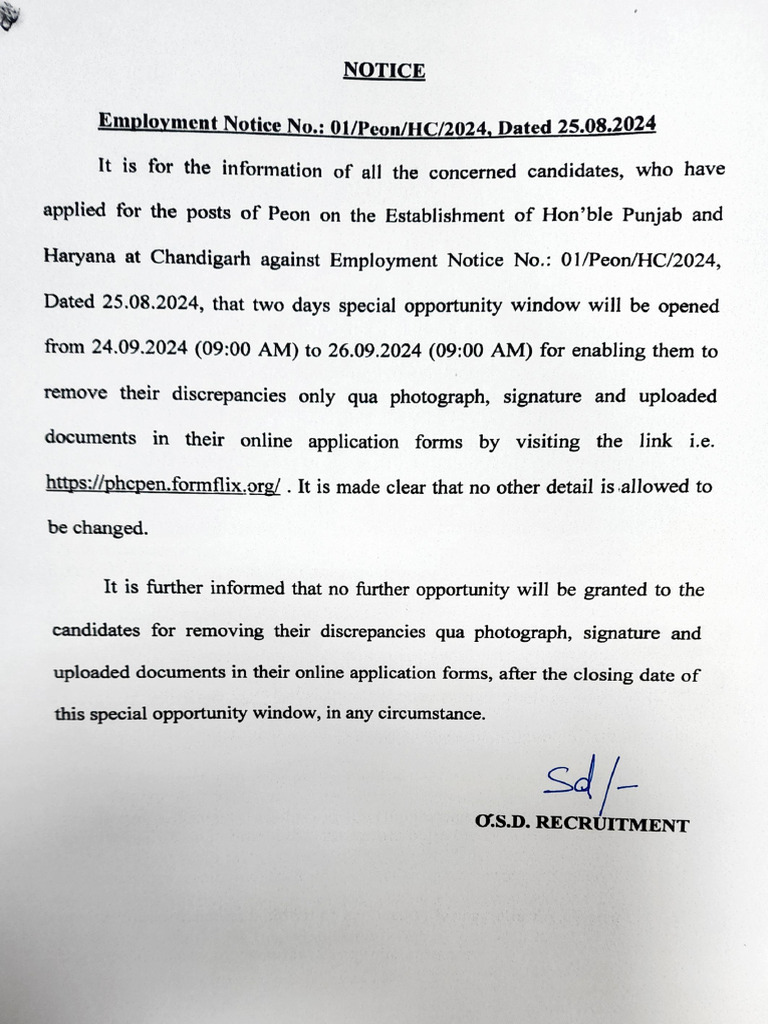 PHHC Peon Application Form Correction Notice 21 Sept 2024 | PDF ...