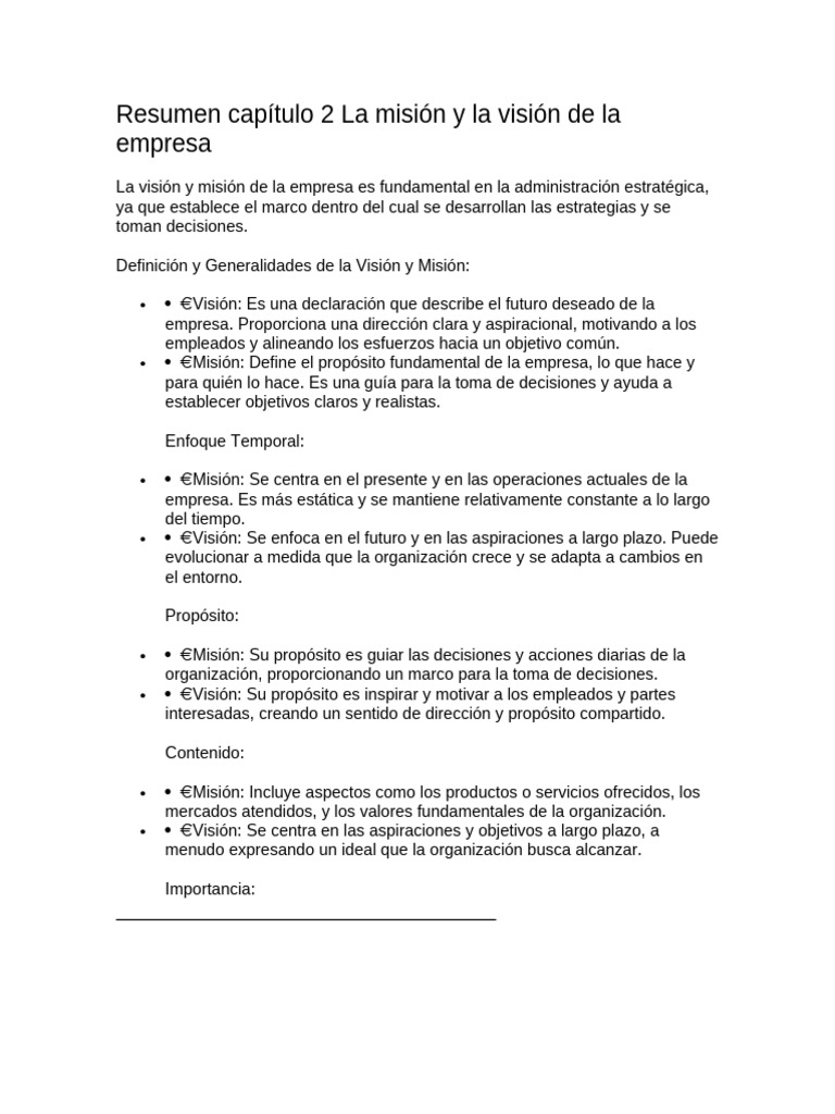 Resumen Capitulo 2 Mision y Vision | PDF | Business | Toma de decisiones